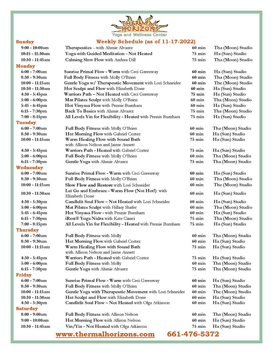 Printable Schedule - Thermal Horizons Yoga Studio and Wellness Center