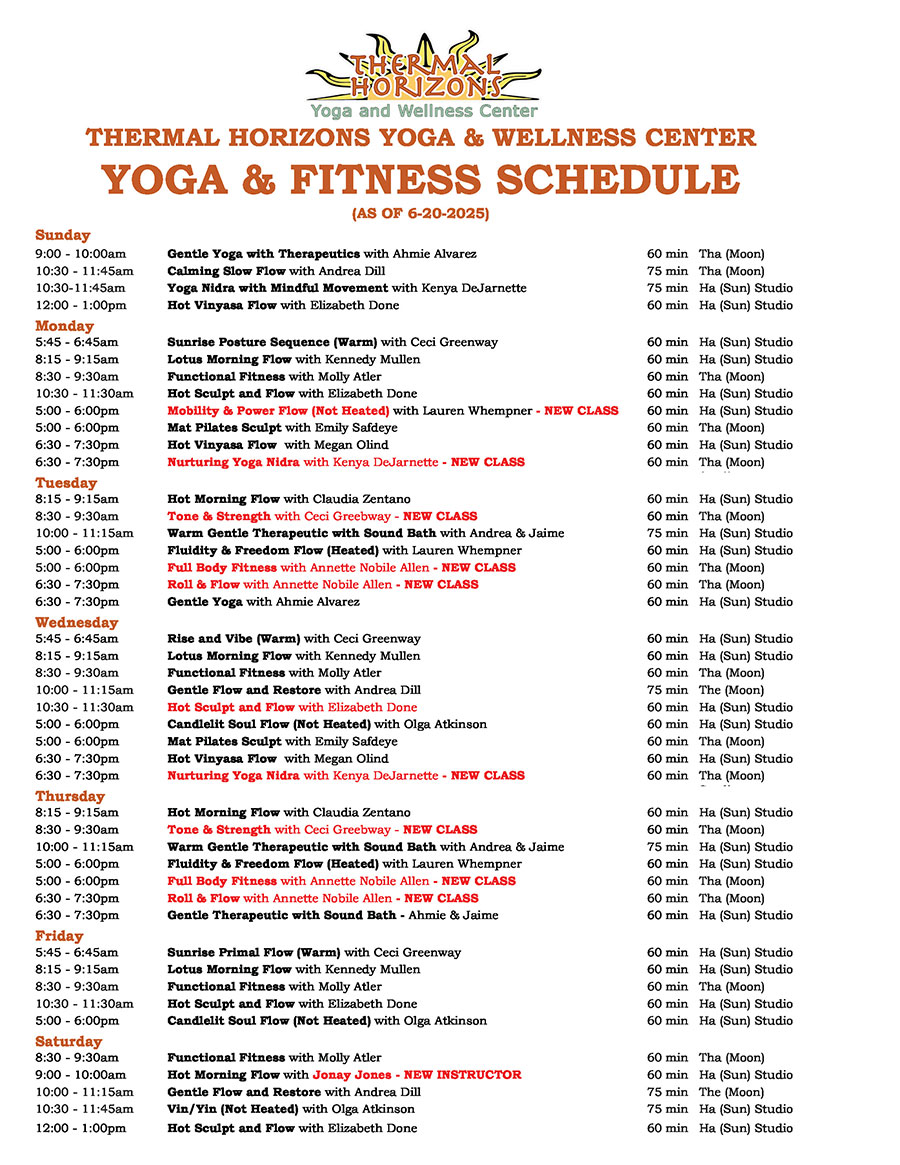 Printable Yoga / Fitness Schedule - Thermal Horizons Yoga Studio and ...